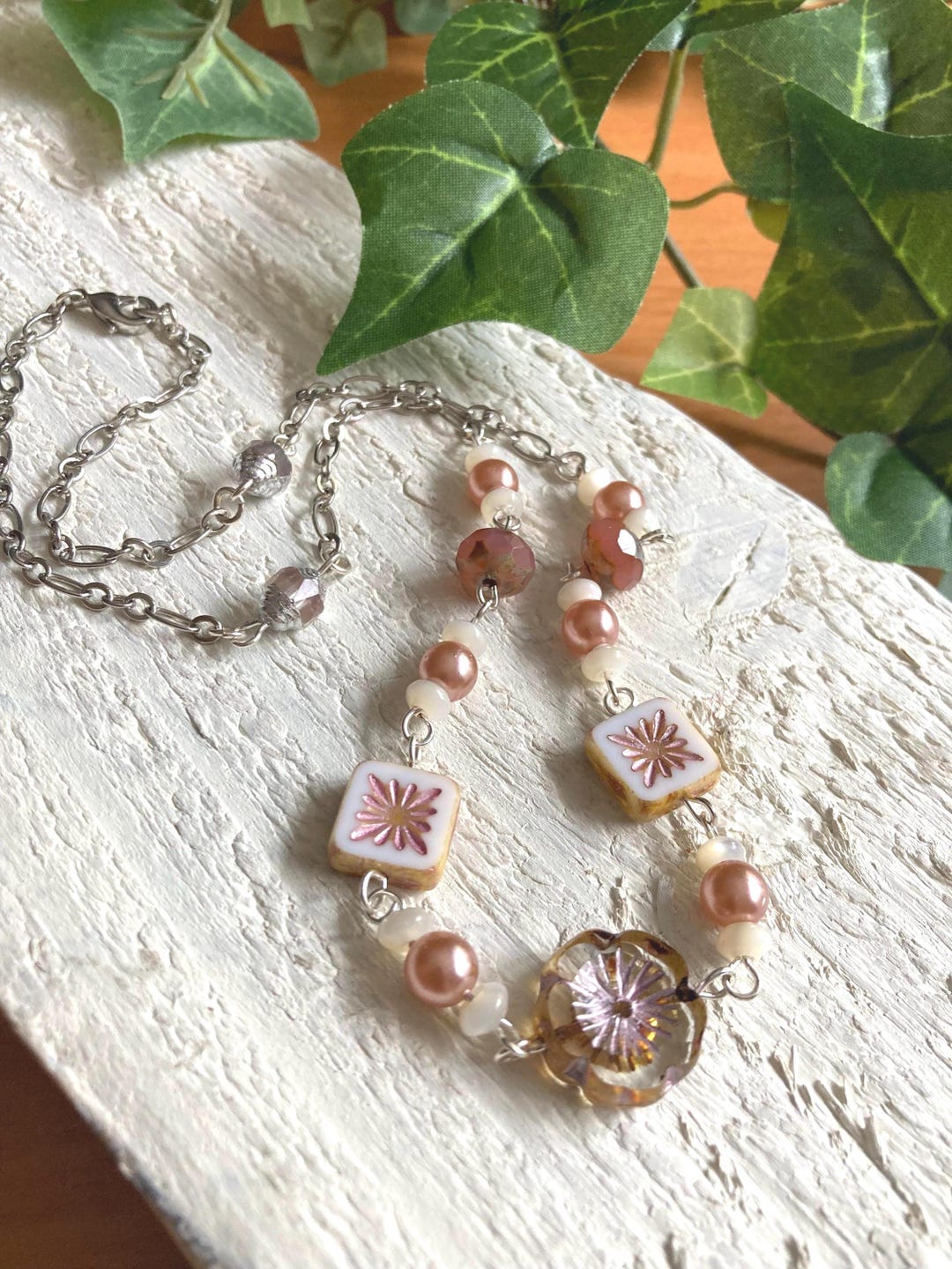 Pink Flower Czech Glass Demure Necklace, Swarovski Pearl & Mother of ...