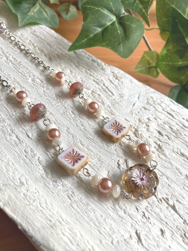 Pink Flower Czech Glass Demure Necklace, Swarovski Pearl & Mother of ...