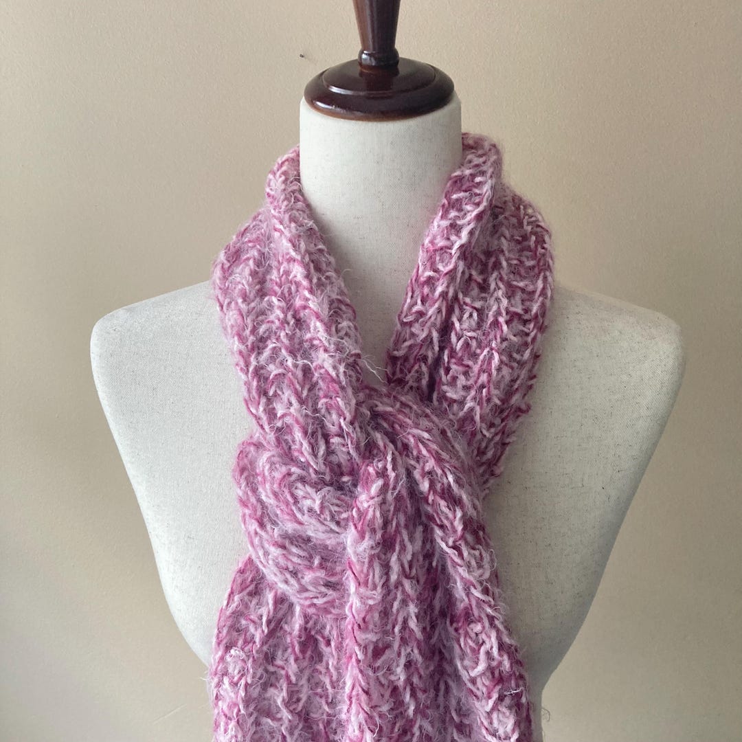 Hand Knit Long Pink & White Scarf, Soft Mohair Blend Yarn Muffler - Etsy