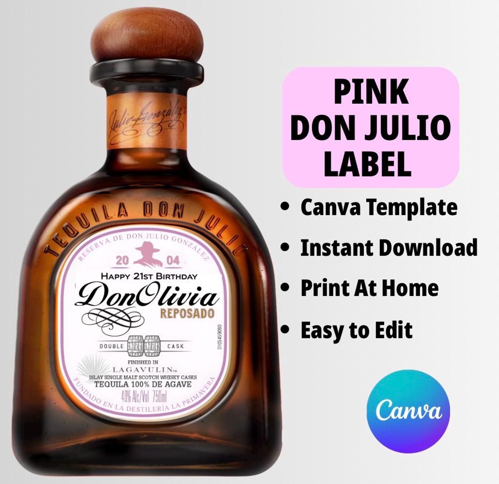 Pink Don Julio Label Canva Template: Custom Tequila Bottle (digital ...