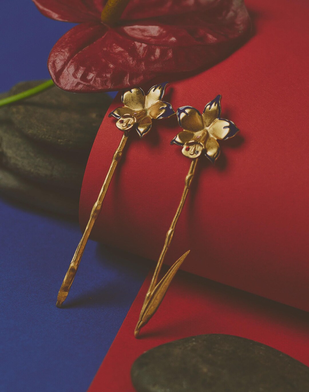 Orchid Drop Earrings | 24k Gold With Blue Enamel Accents - Etsy