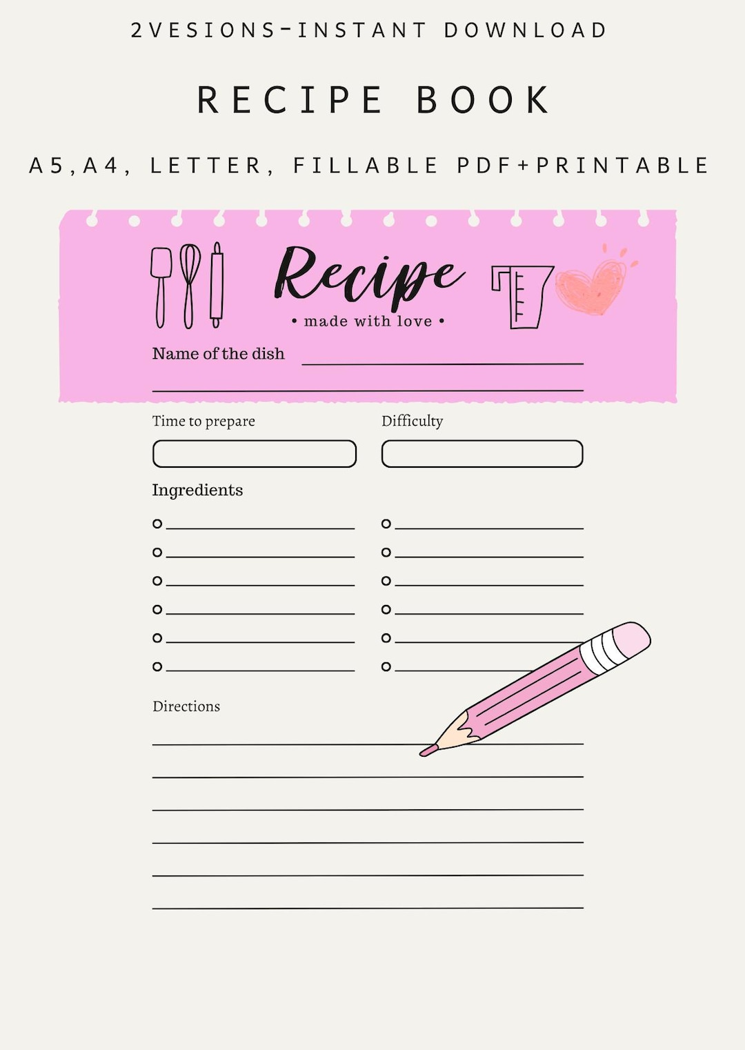 Recipe Book, Blank Recipe Page, Template Printable, Recipe Card, Recipe ...