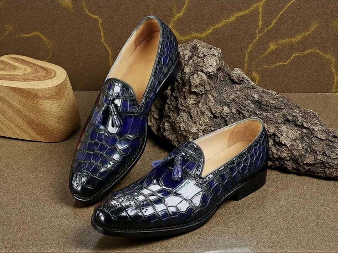 Men's Handmade Blue Croc Shaded Leather Tussle Moccasin Dress up Shoes ...