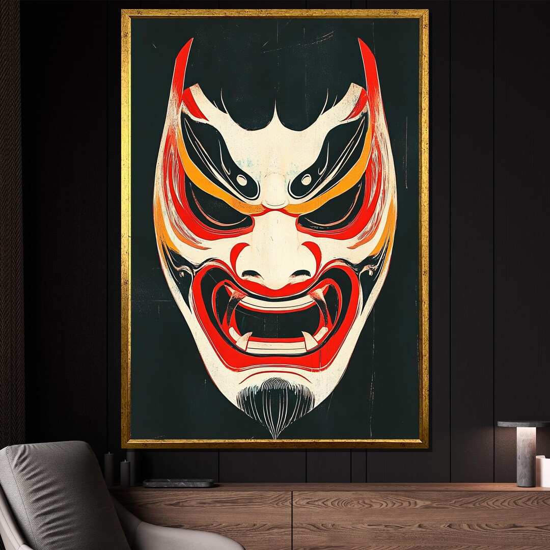 Japanese Oni Mask Canvas Painting, Traditional Demon Wall Art, Bold ...