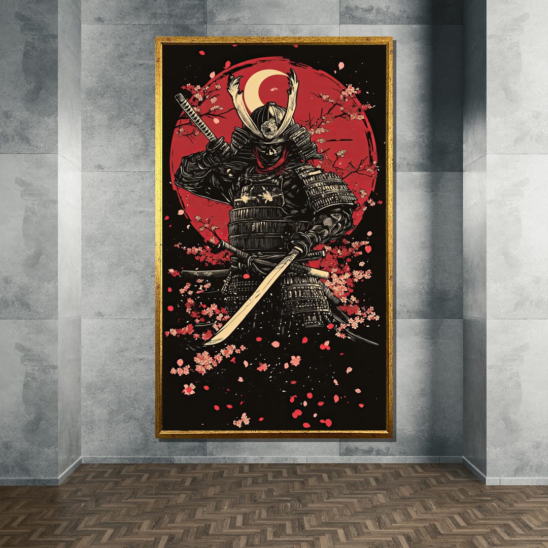 Samurai Warrior Canvas Painting, Cherry Blossom Battle Scene Wall Art ...