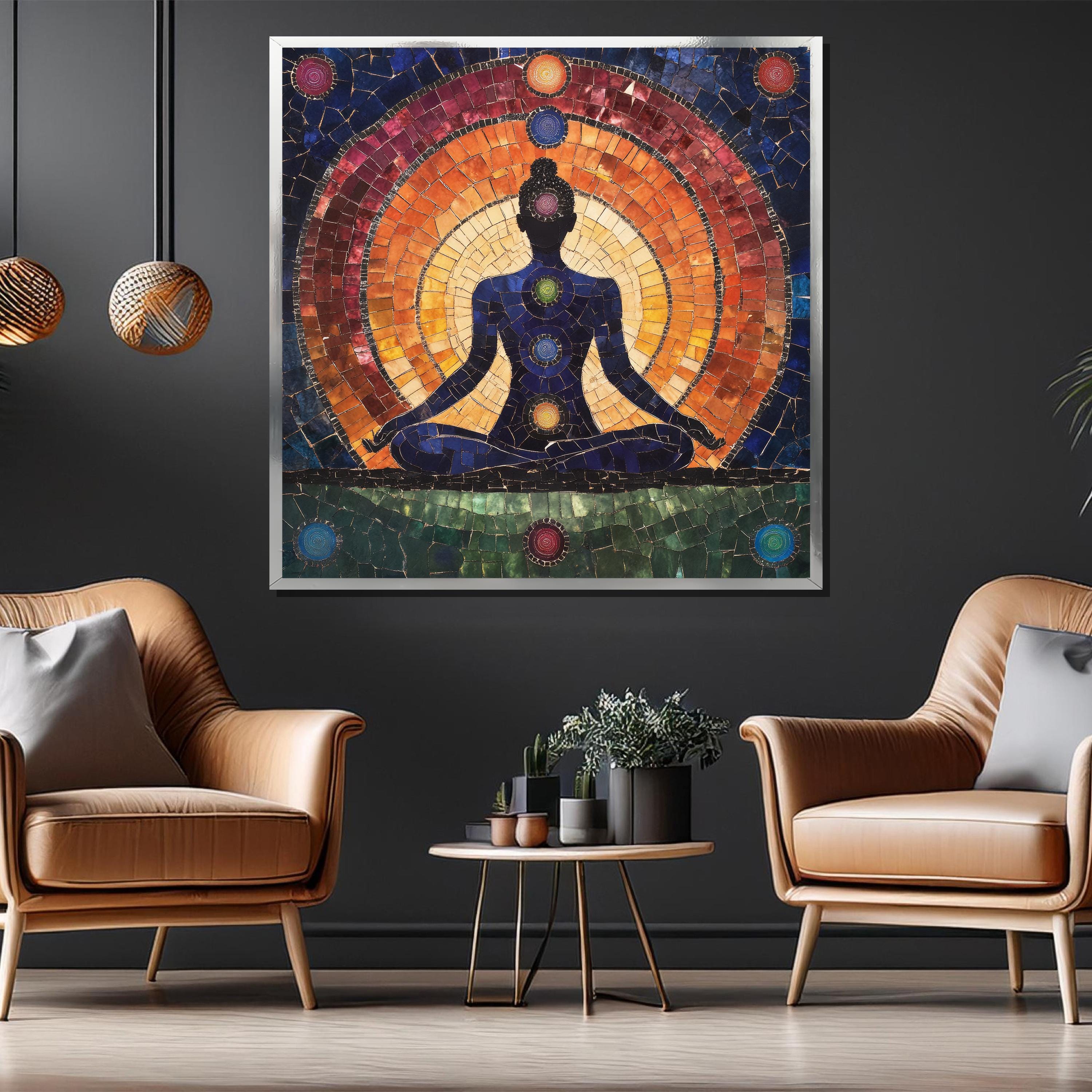 Chakra Meditation Canvas Painting in Mosaic Style, Colorful Energy Art ...