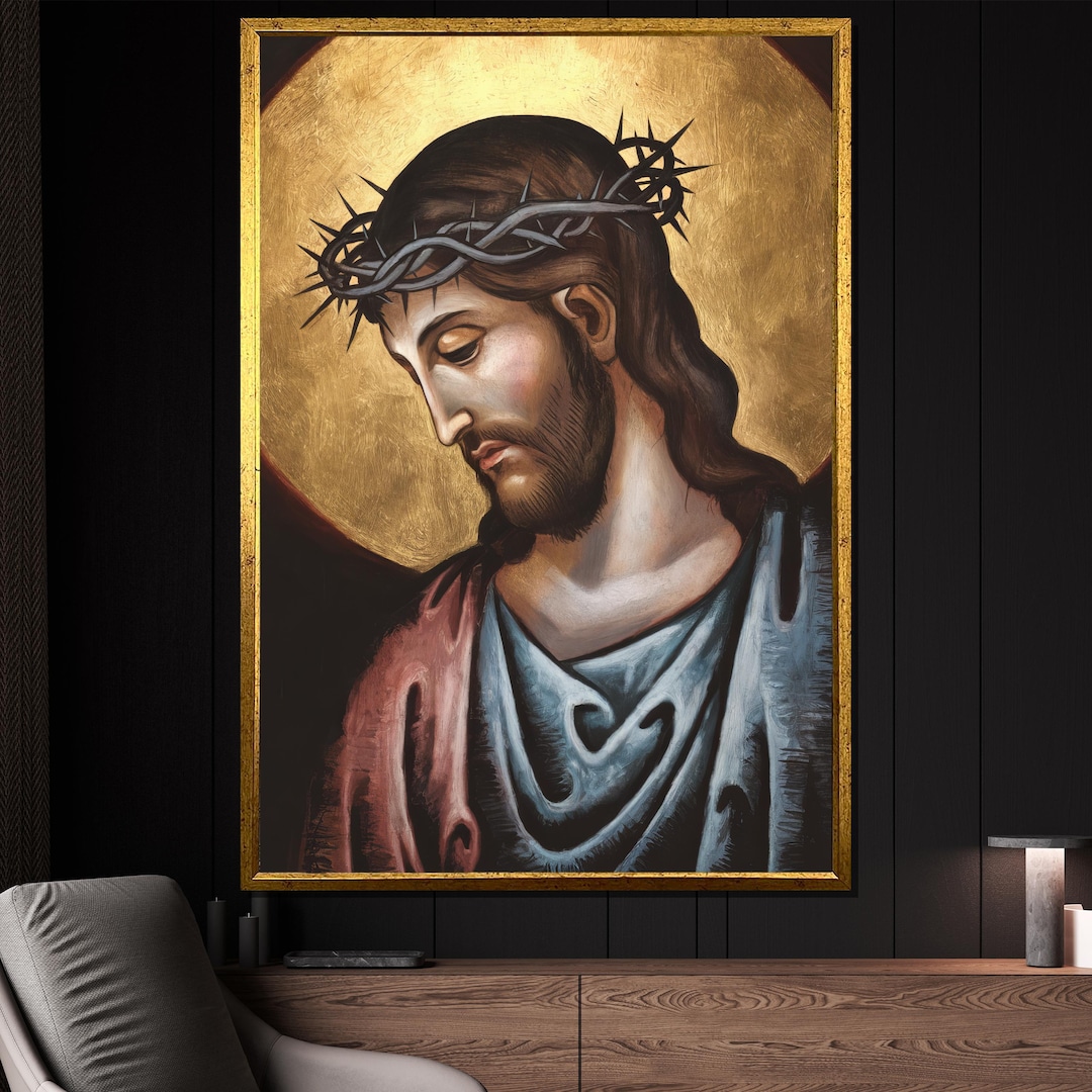 Jesus With Crown of Thorns Canvas Painting, Christian Sorrowful ...