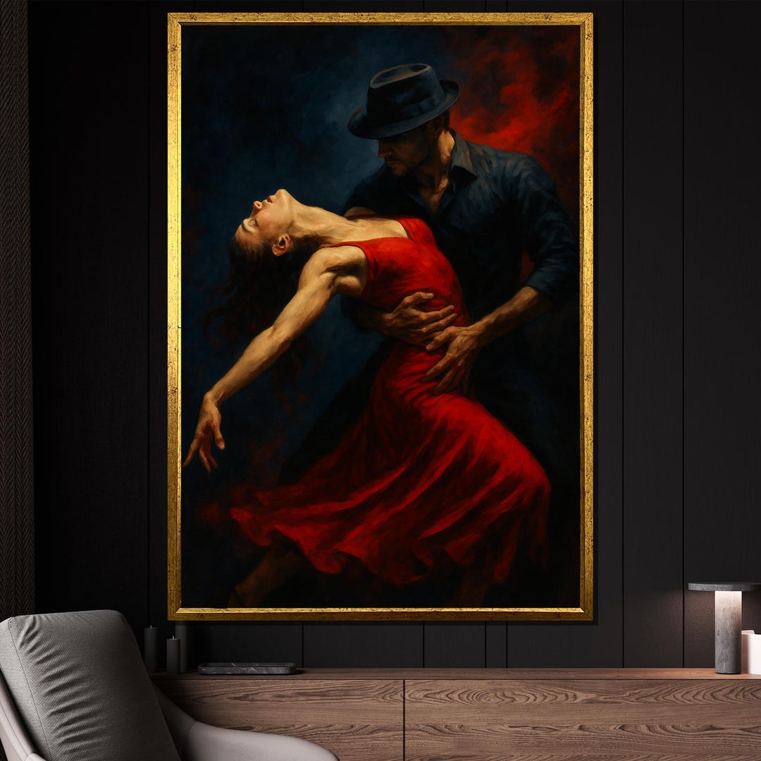 Timeless Passionate Tango Embrace: Man in Fedora Holds Dancer in Red ...