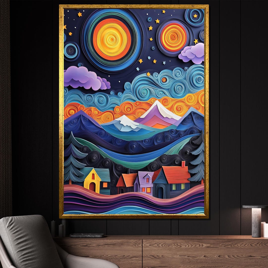 Colorful Night Sky Canvas Painting With Stars, Mountains, and Village ...