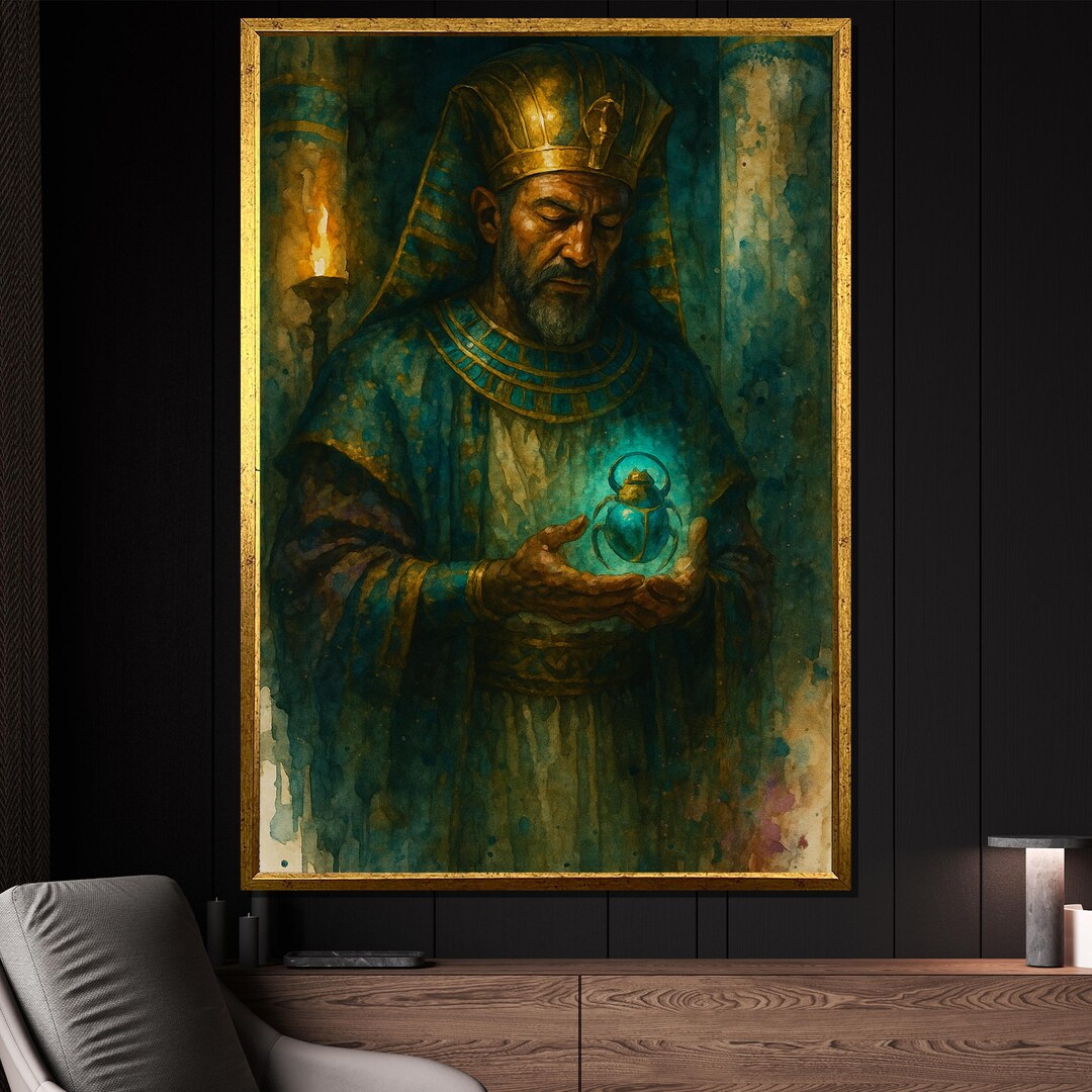 Ancient Egyptian Pharaoh Priest Holding a Luminous Blue Scarab Artifact ...