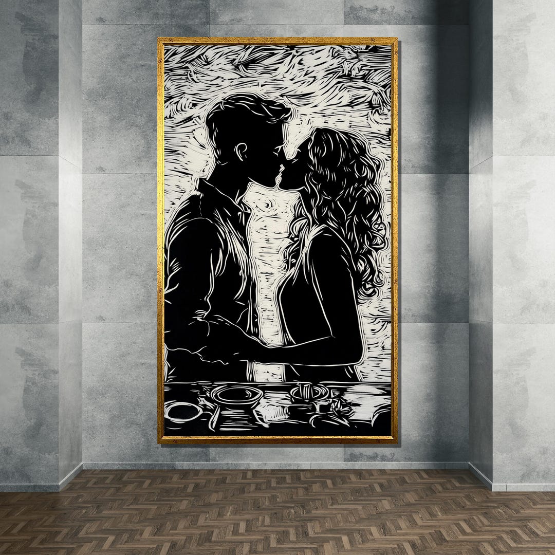 Romantic Couple Kiss Silhouette Black and White Modern Love Art Print ...