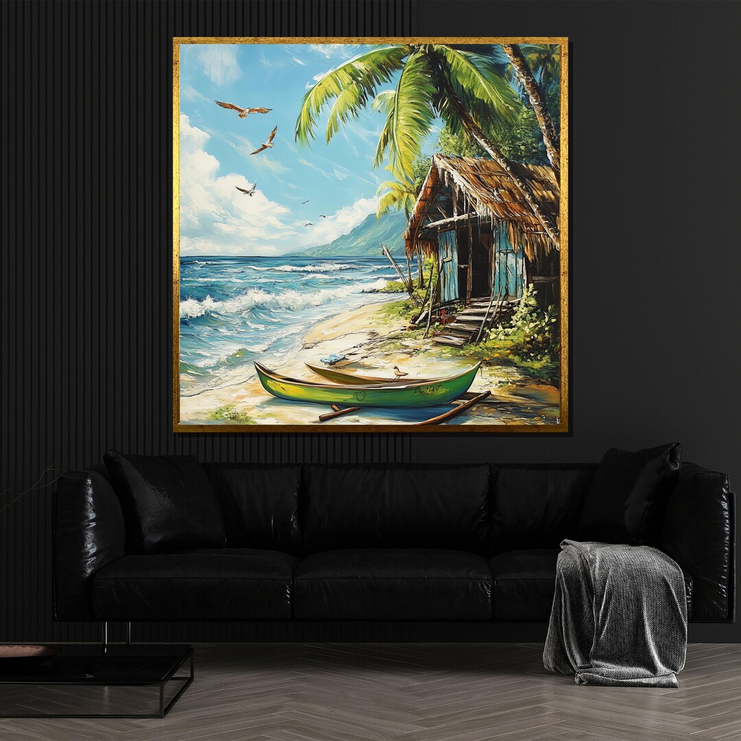 Tropical Shack by the Sea Canvas Painting, Sunny Beach Wall Art With ...