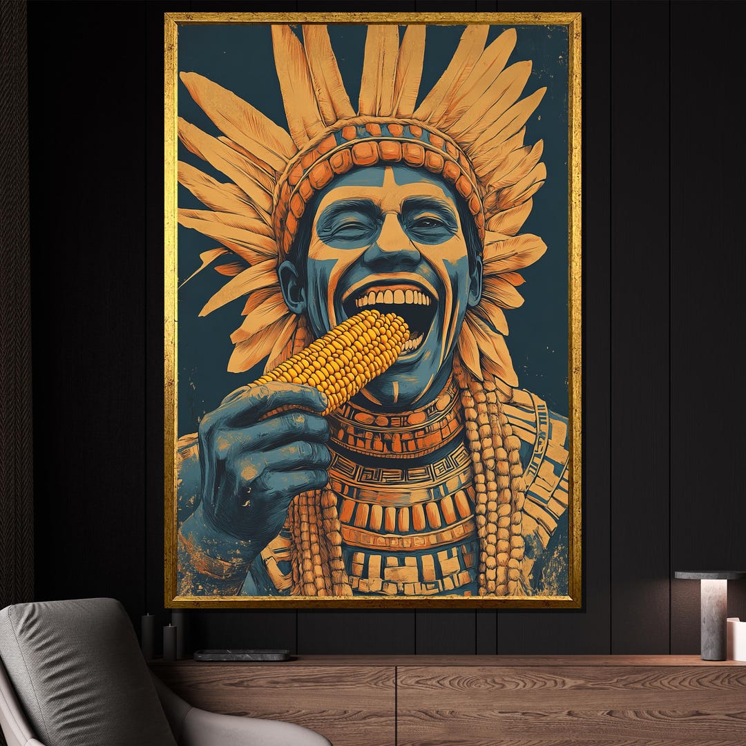 Aztec Warrior Canvas Painting Eating Corn, Retro Tribal Wall Art, Bold ...