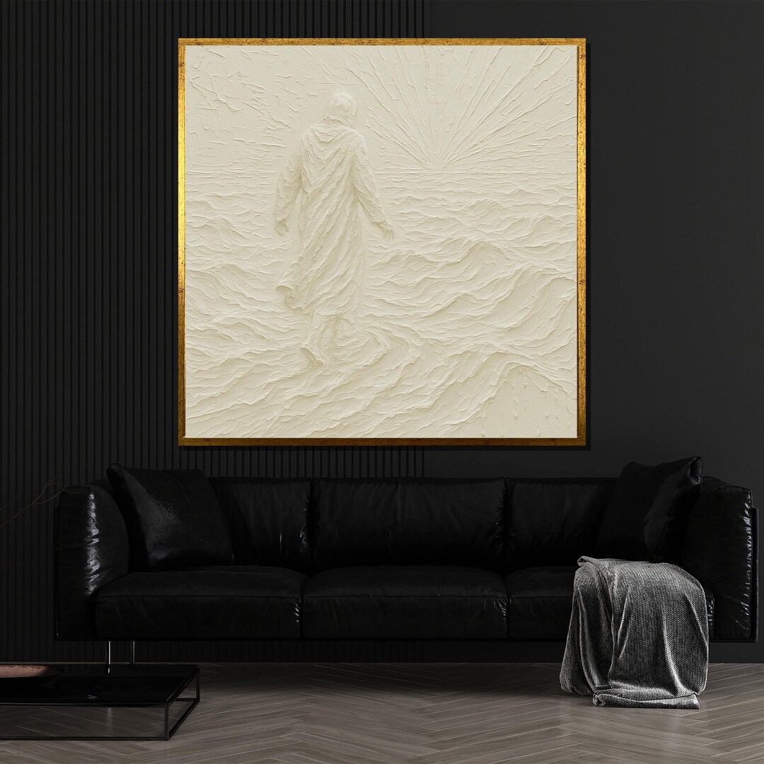 Jesus Walking Toward the Radiant Horizon Over Waves in Textured Cream ...