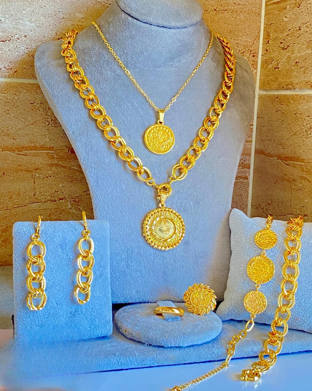 Gold-plated Venetian Jewelry Set – 7-piece Coin Necklace, Bracelet ...