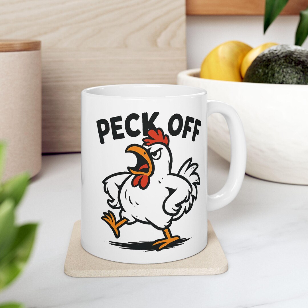 Angry Rooster Cartoon Mug Peck off Funny Farm Coffee Cup Rude Chicken ...