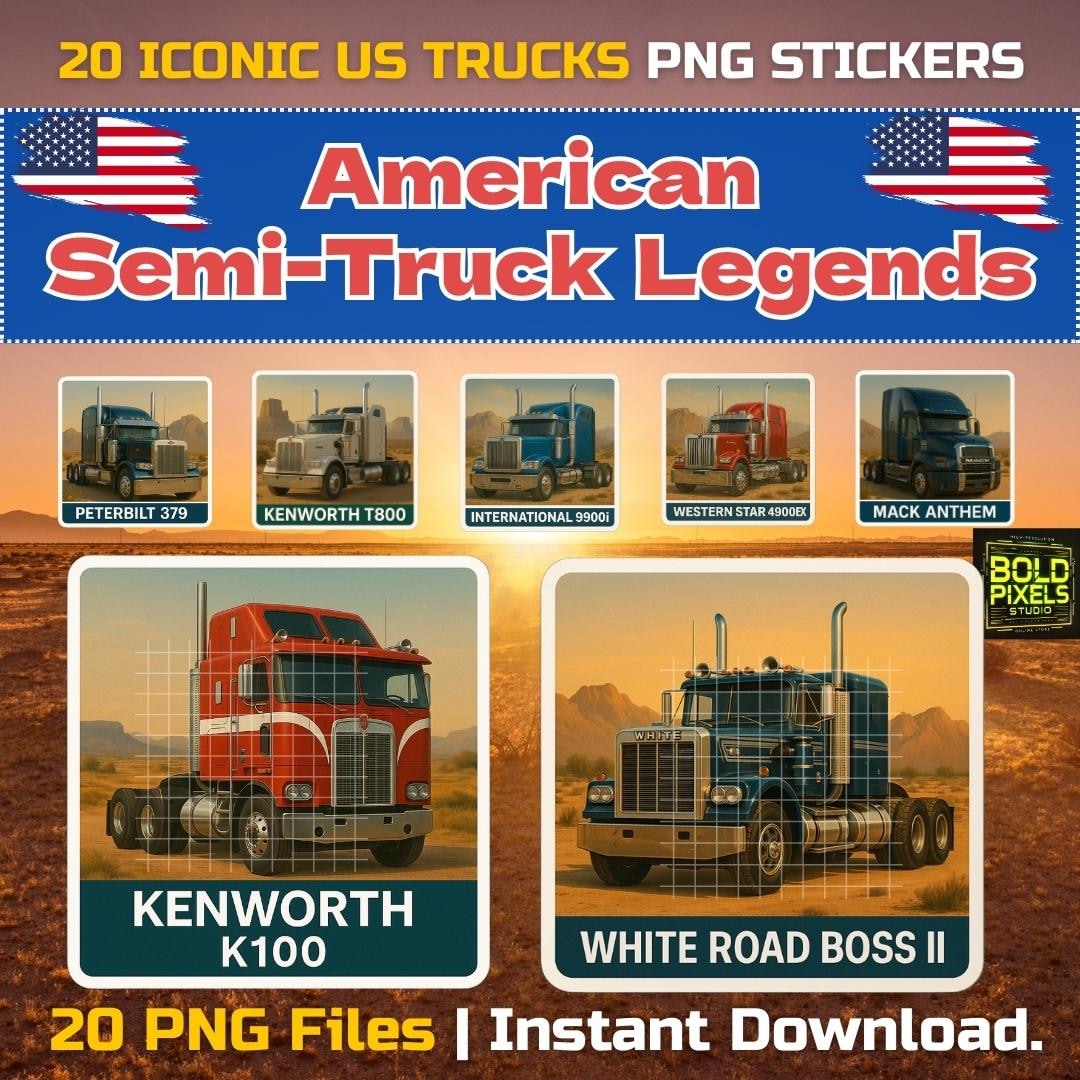 American Semi-truck Legends | 20 Iconic US Trucks PNG Stickers ...