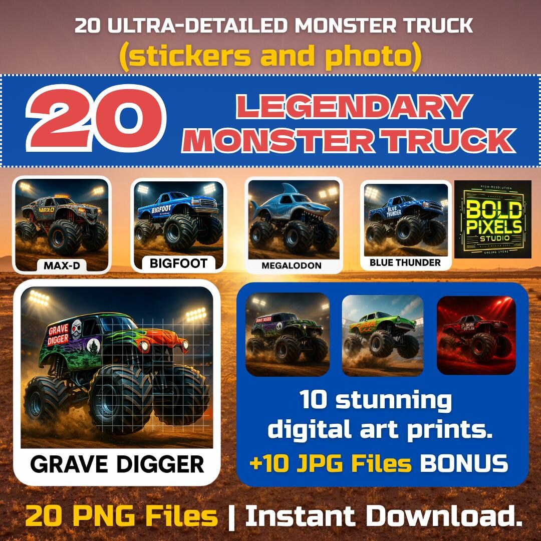 Legendary Monster Truck Bundle – 20 PNG Stickers + 10 JPG Wall Art ...