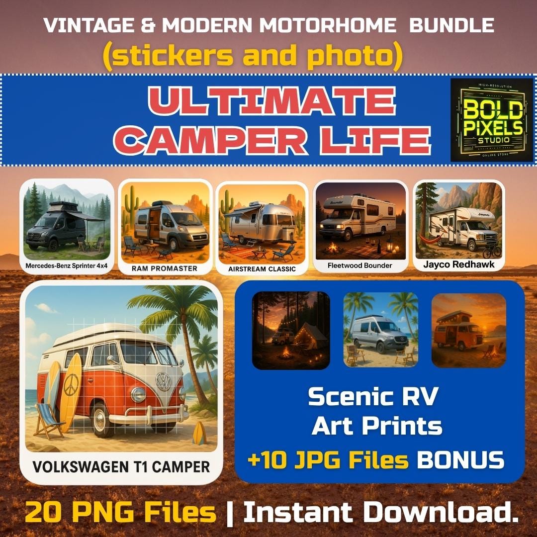 Ultimate Van Life Camper Bundle – 20 PNG Stickers + 10 JPG Wall Art Posters – Vanlife Aesthetic ...
