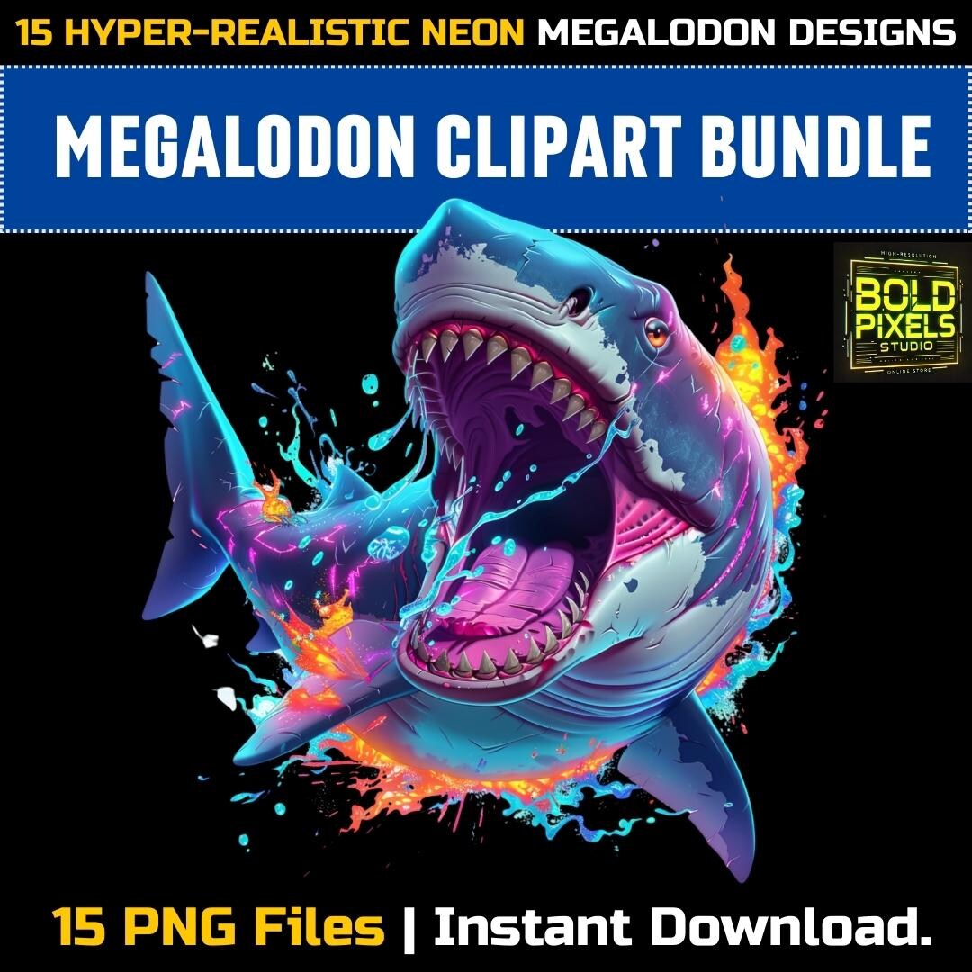 Megalodon Clipart Bundle – 15 Hyper-realistic Neon Megalodon Designs ...