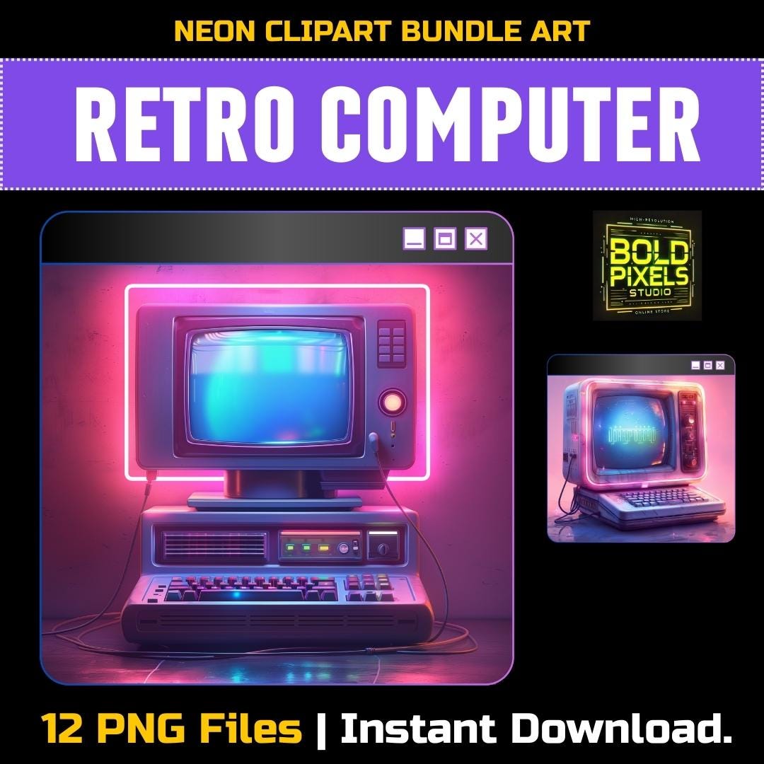 Retro Computer Clipart Bundle – 12 Neon 80s Tech Pngs With Transparent ...