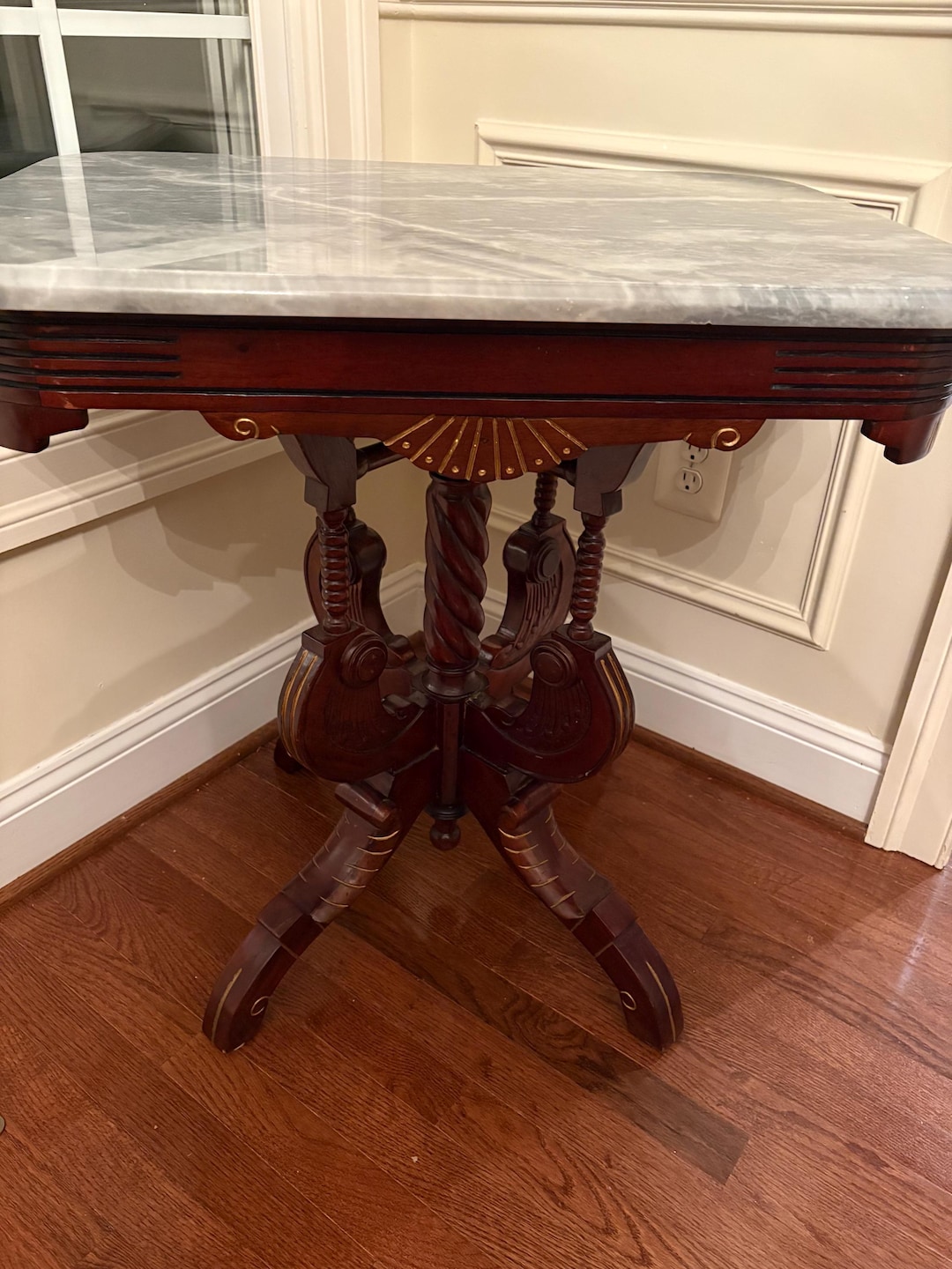 Victorian Revival Marble Top Parlor Table – Hand-carved Wood Base ...
