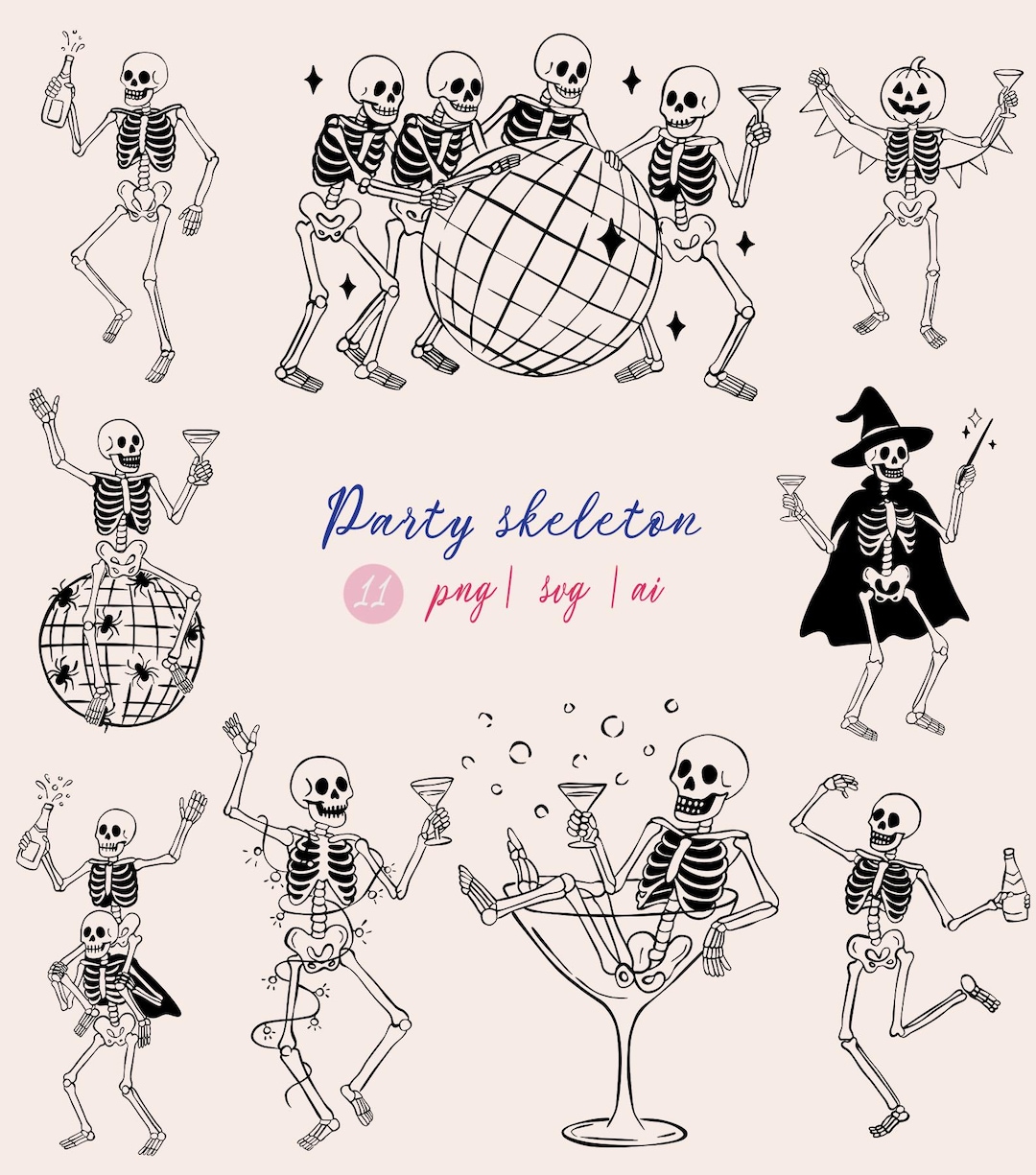 Party Skeleton Clipart Set Halloween Skeleton PNG SVG Spooky Cute ...
