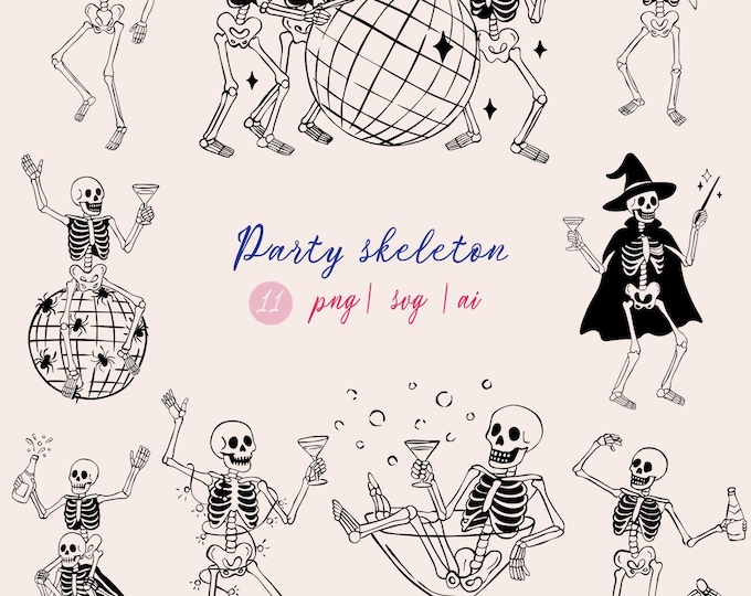 Party Skeleton Clipart Set Halloween Skeleton PNG SVG Spooky Cute ...
