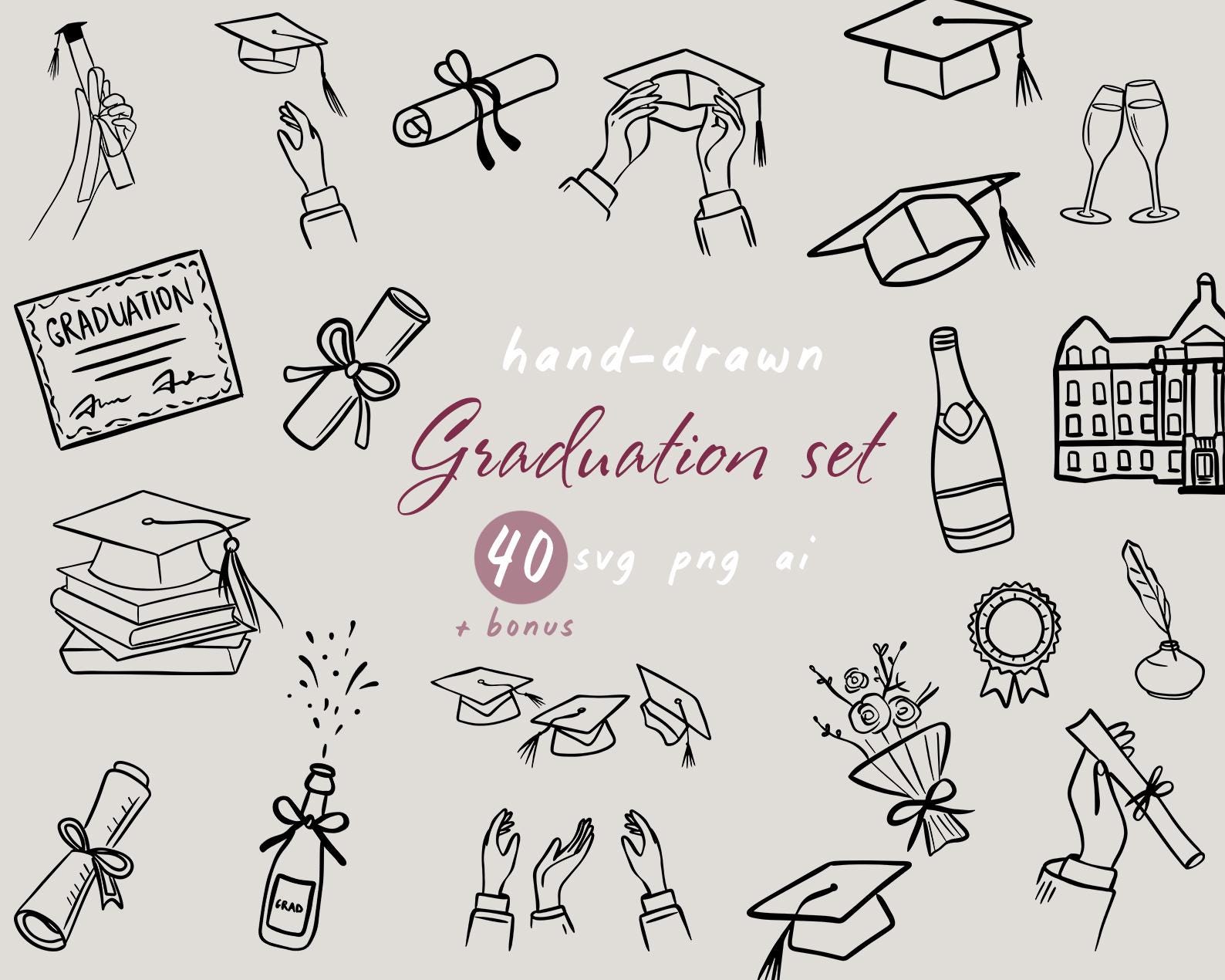Graduation Сlipart SVG PNG Set Line Art Clipart Bandle Illustrations ...
