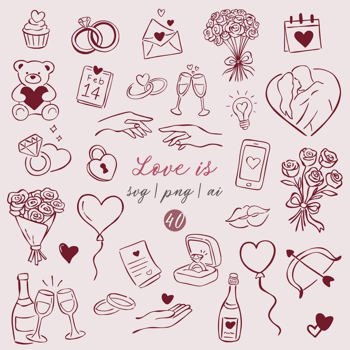 Valentine's Day Clipart Set SVG PNG Love Icons Galentine's Handdrawn ...