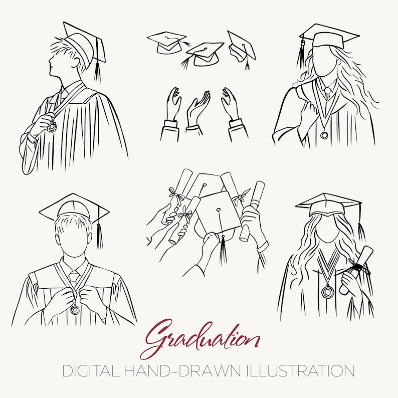 Graduation Clipart Hand-drawn Graduation Line Art Illustrations ...