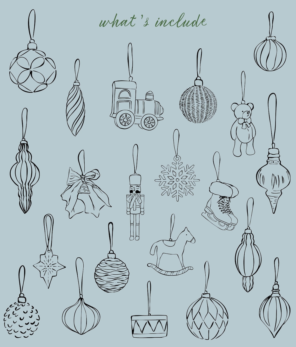 Christmas Clipart Set: Vintage Line Art Ornaments SVG PNG Hand Drawn ...