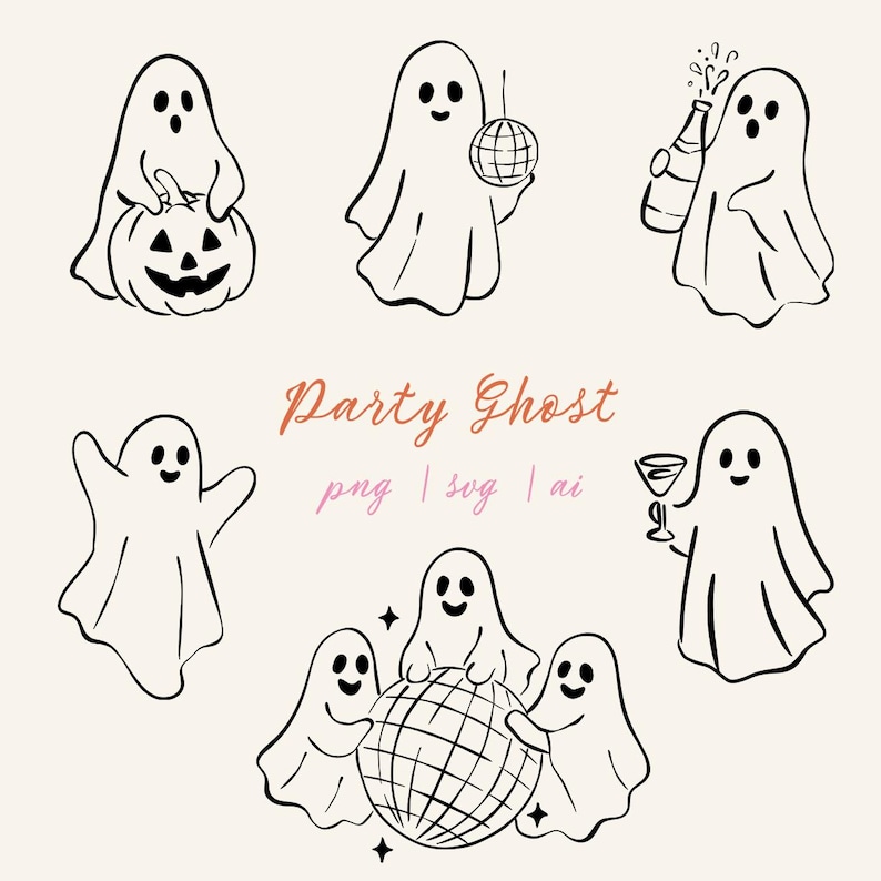 Party Ghost Clipart Set Halloween Ghosts PNG SVG Spooky Cute Ghosts for ...