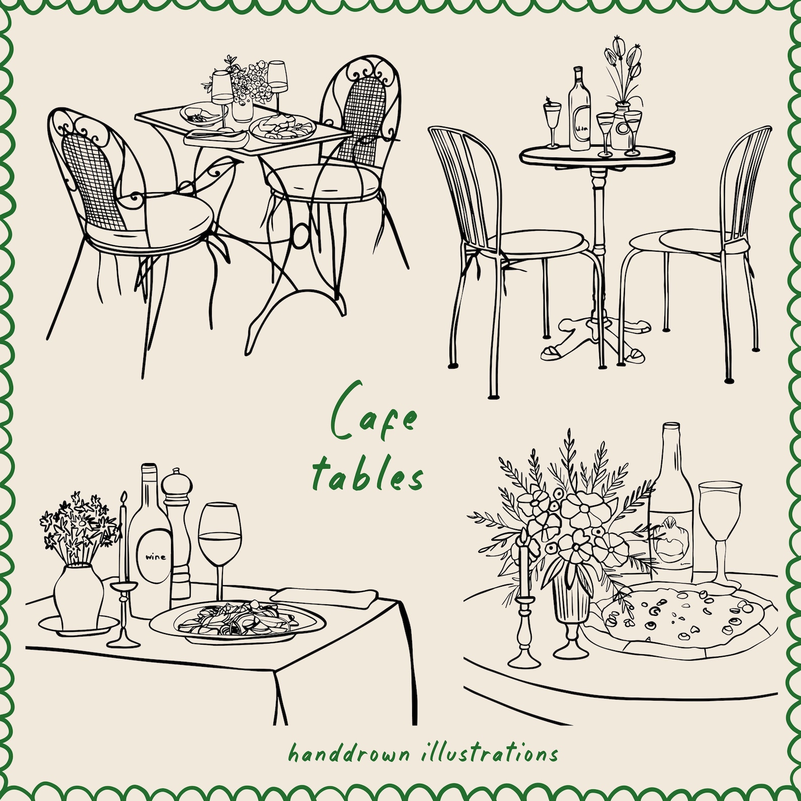 Cafe Tables Line Art Hand Drawn Bistro Table Illustrations Romantic ...