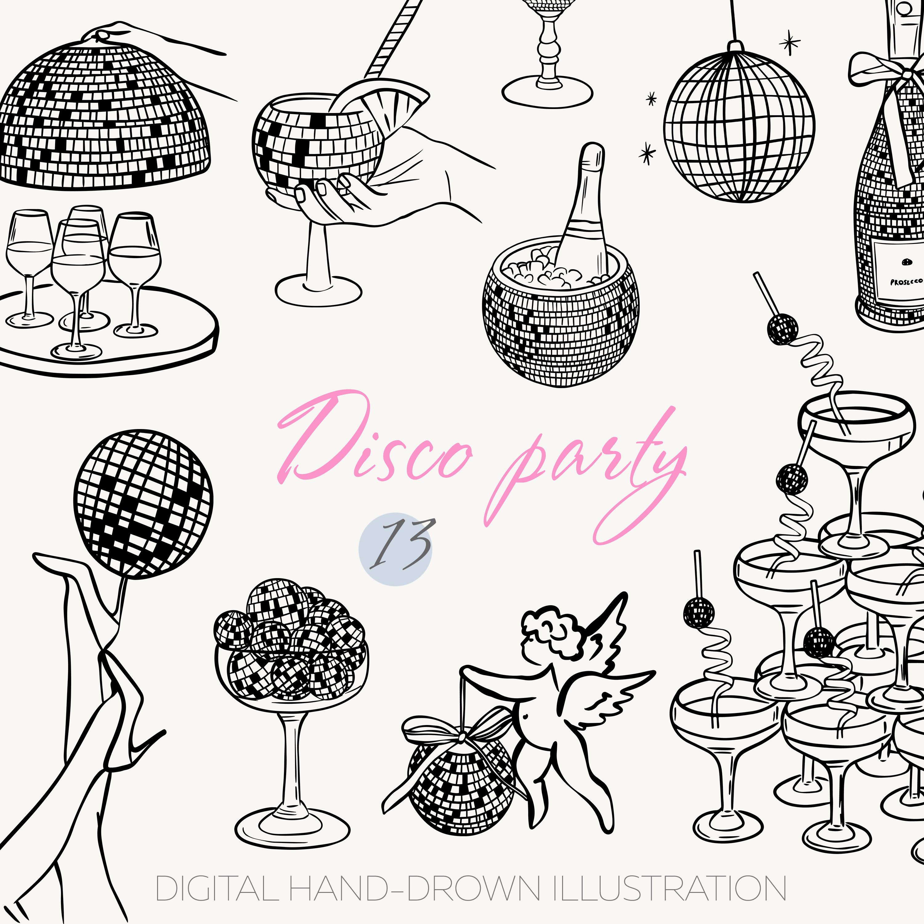 Disco Party Clipart Hand-drawn Disco Ball Illustrations 70s Party Drink ...