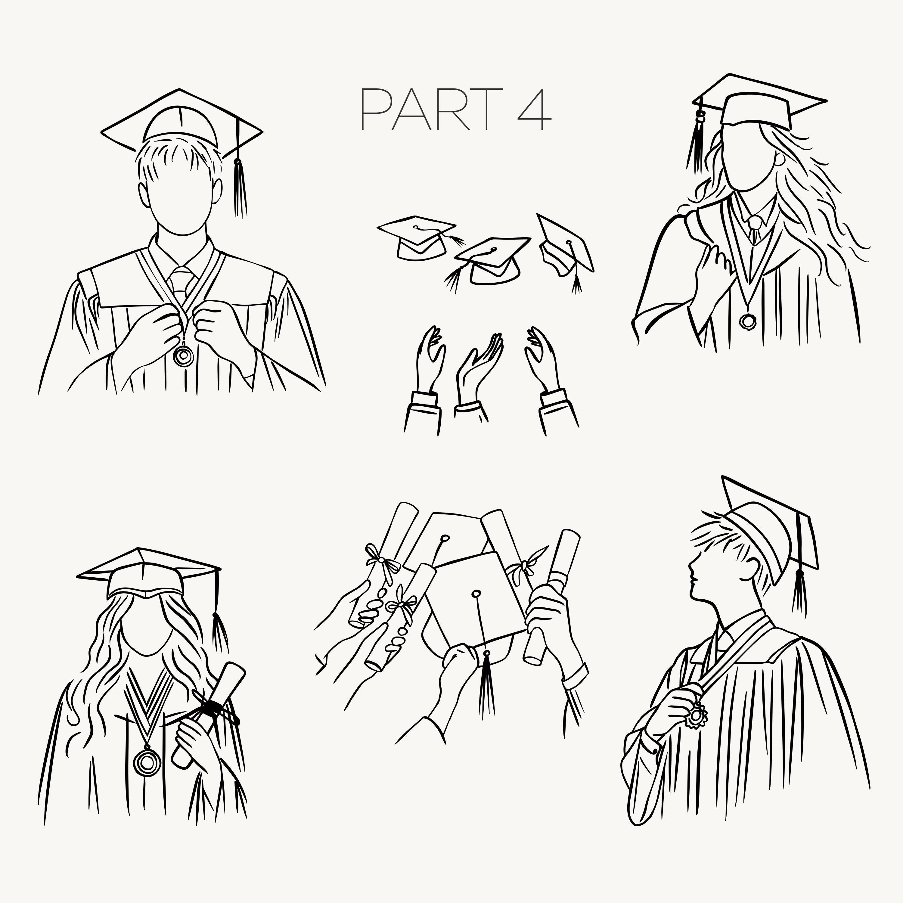 Graduation Clipart Bandle Hand-drawn Graduation Line Art Illustrations ...