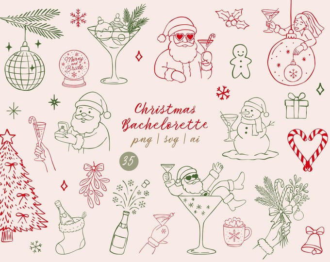Hand Drawn Christmas Bachelorette SVG Bundle, Winter Doodles Whimsical ...