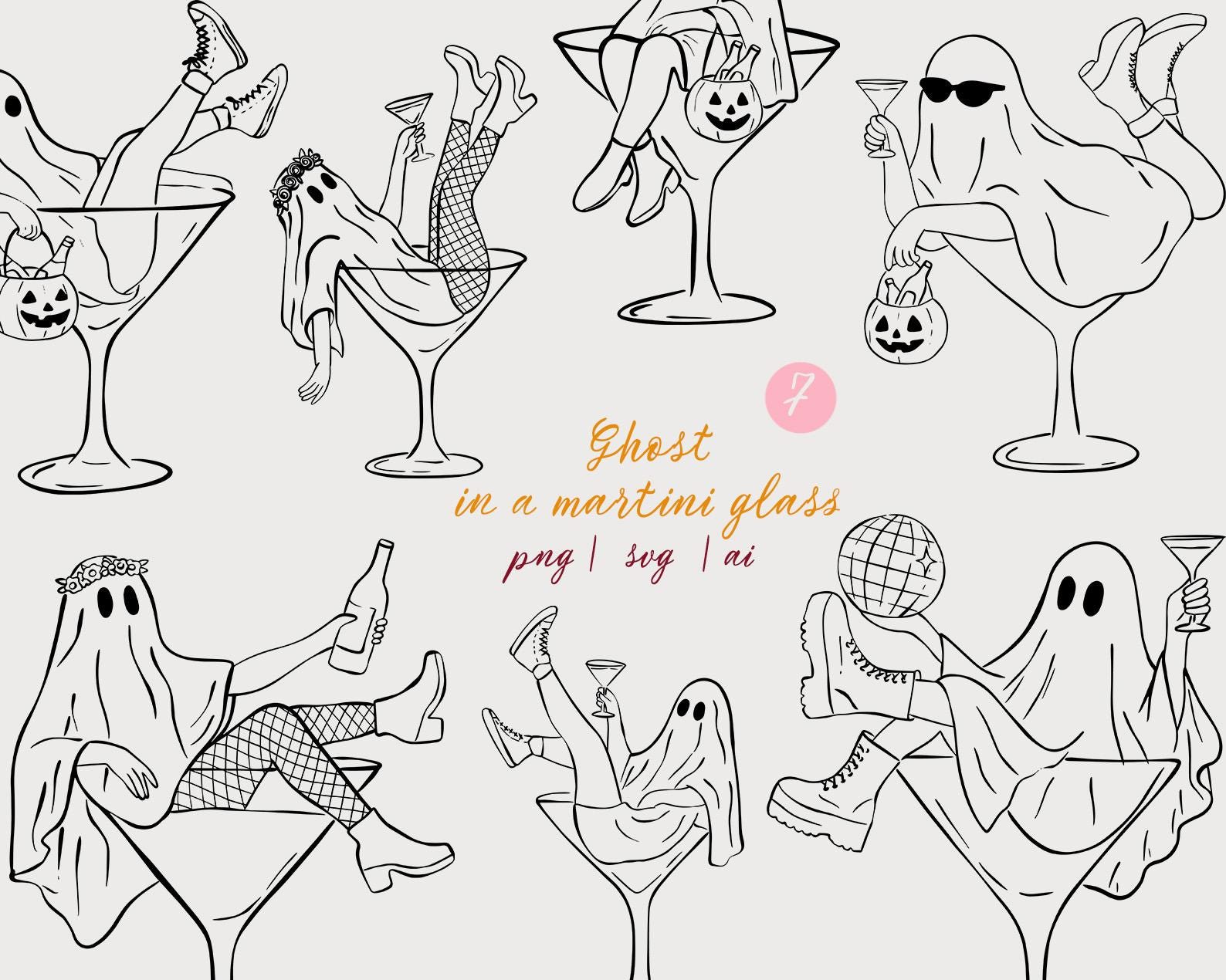 Ghost Women in a Martini Glass Clipart Set SVG PNG Whimsical Ghost ...