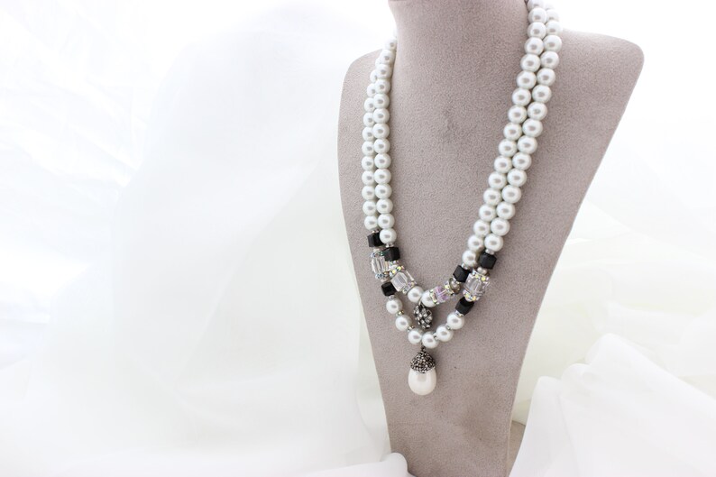 Double Strand Pearl Pendant and Crystals Swarovski Statement Necklace Multi Layered White Pearls ...
