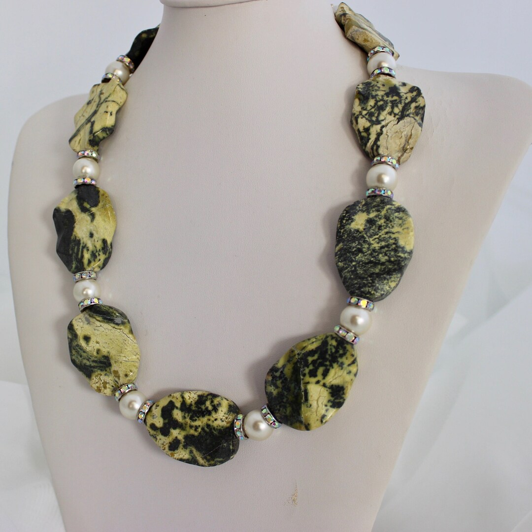 Yellow Lime Green Turquoise Flat Stone Statement Necklace Beaded Lime ...