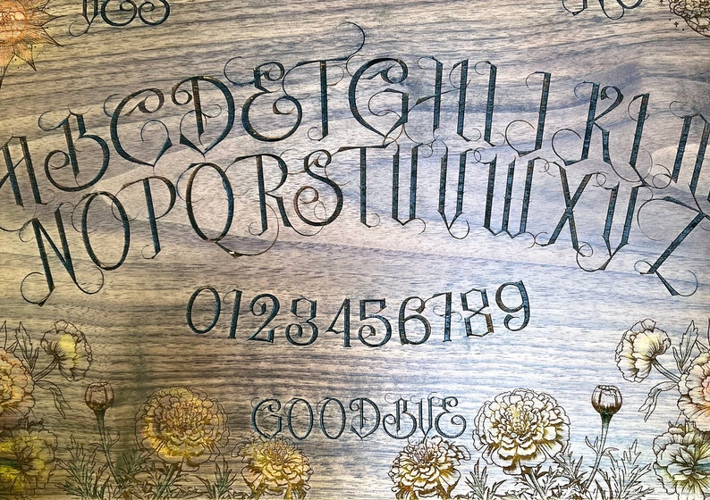 Marigold Spirit Board & Planchette — Hand Painted Engraved Walnut Ouija ...