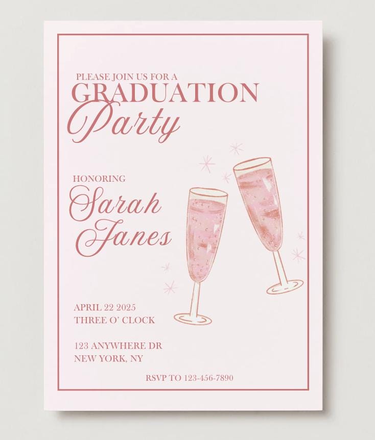Editable Graduation Party Invitation Template | Pink Champagne Glasses ...