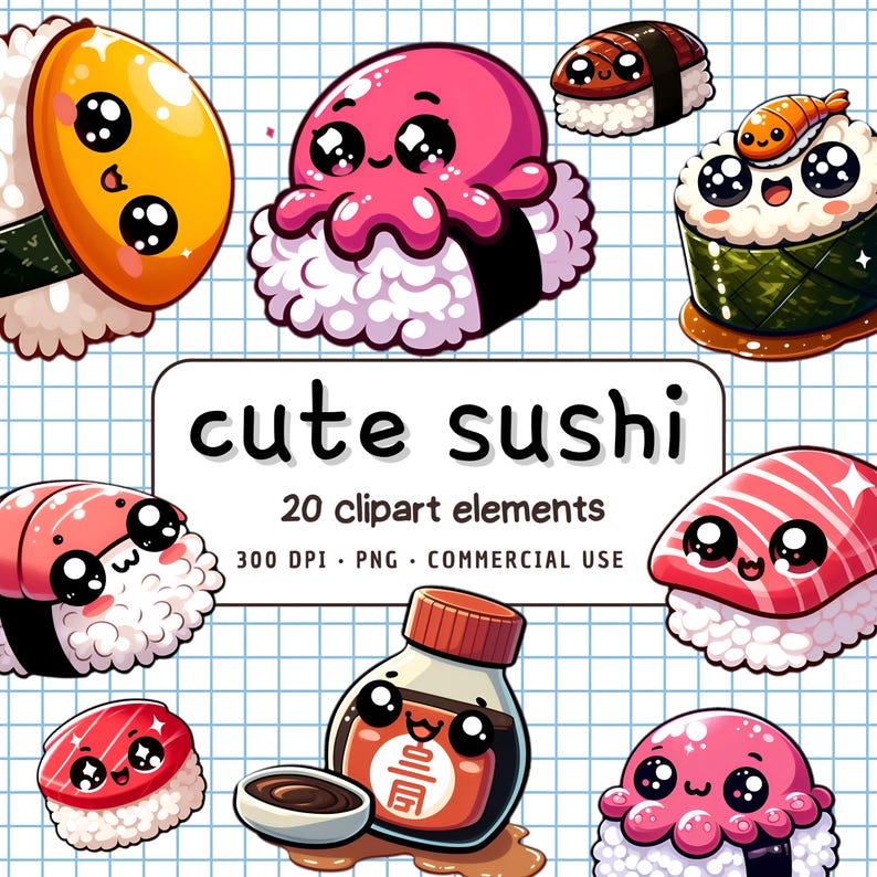 Kawaii Sushi Clipart Set, Cute Japanese Food PNG Bundle, Onigiri Nigiri ...