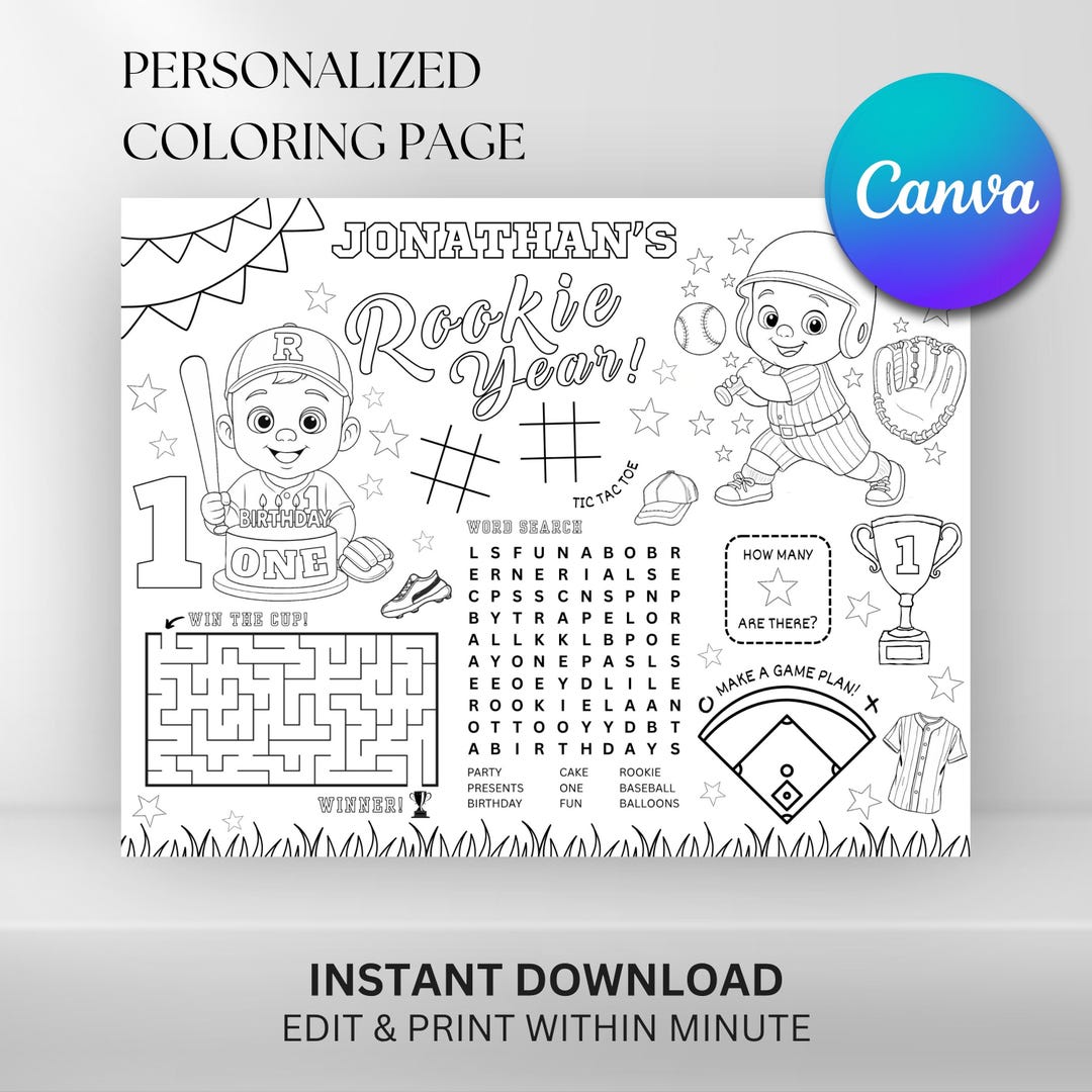 Baseball 1st Birthday Coloring Page: Rookie of the Year Party (digital ...