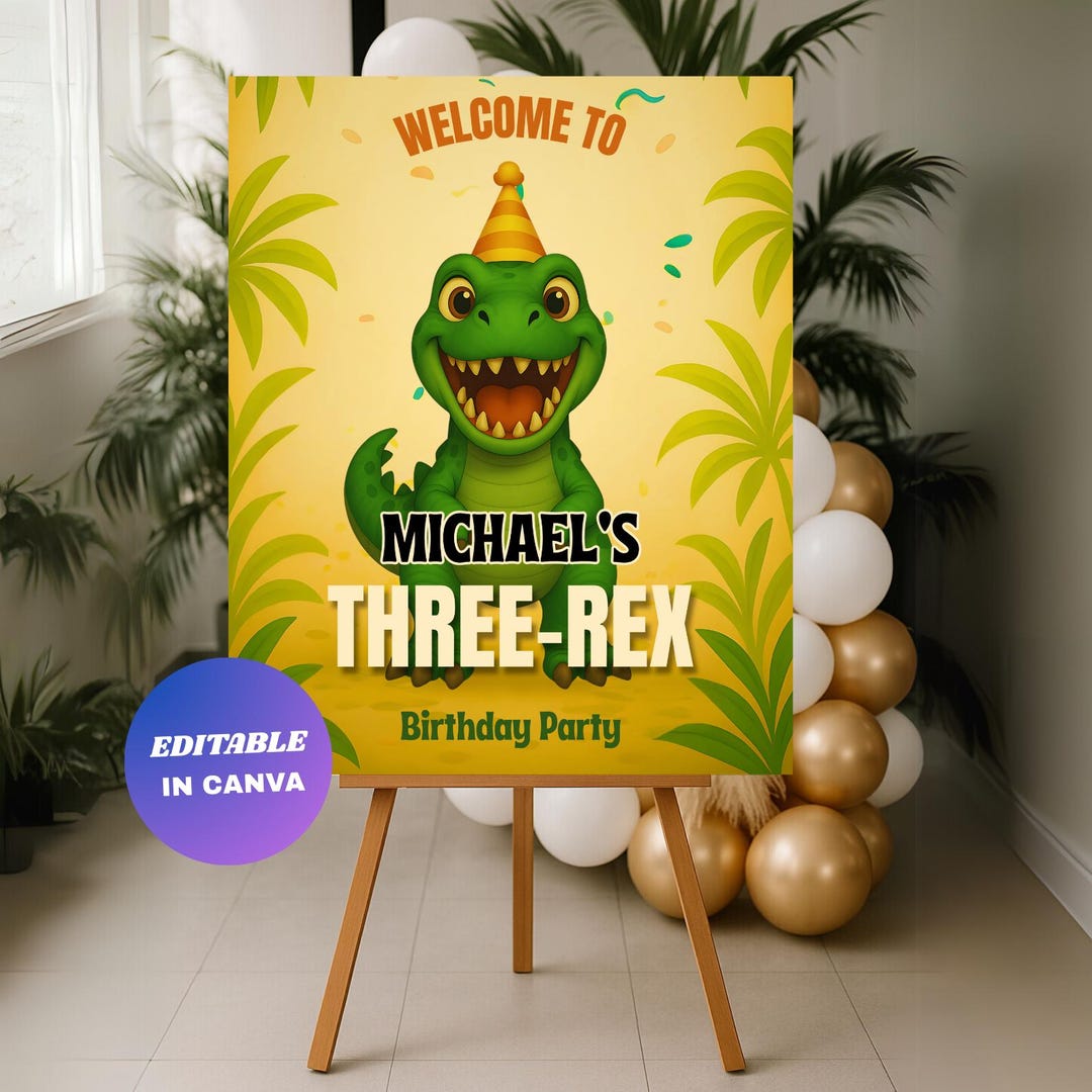 Dinosaur 3rd Birthday Welcome Sign : Editable Three Rex Party Poster ...