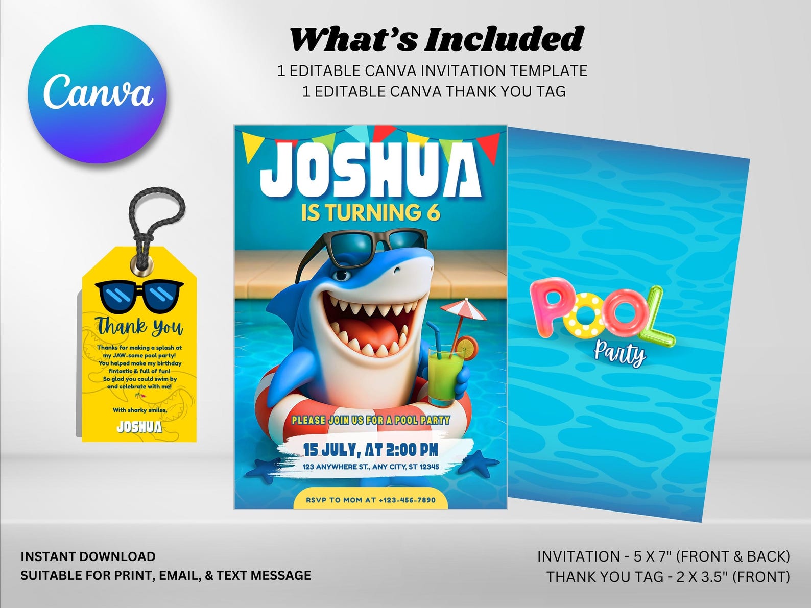 Editable Shark Pool Party Birthday Invitation, Summer Pool Party ...