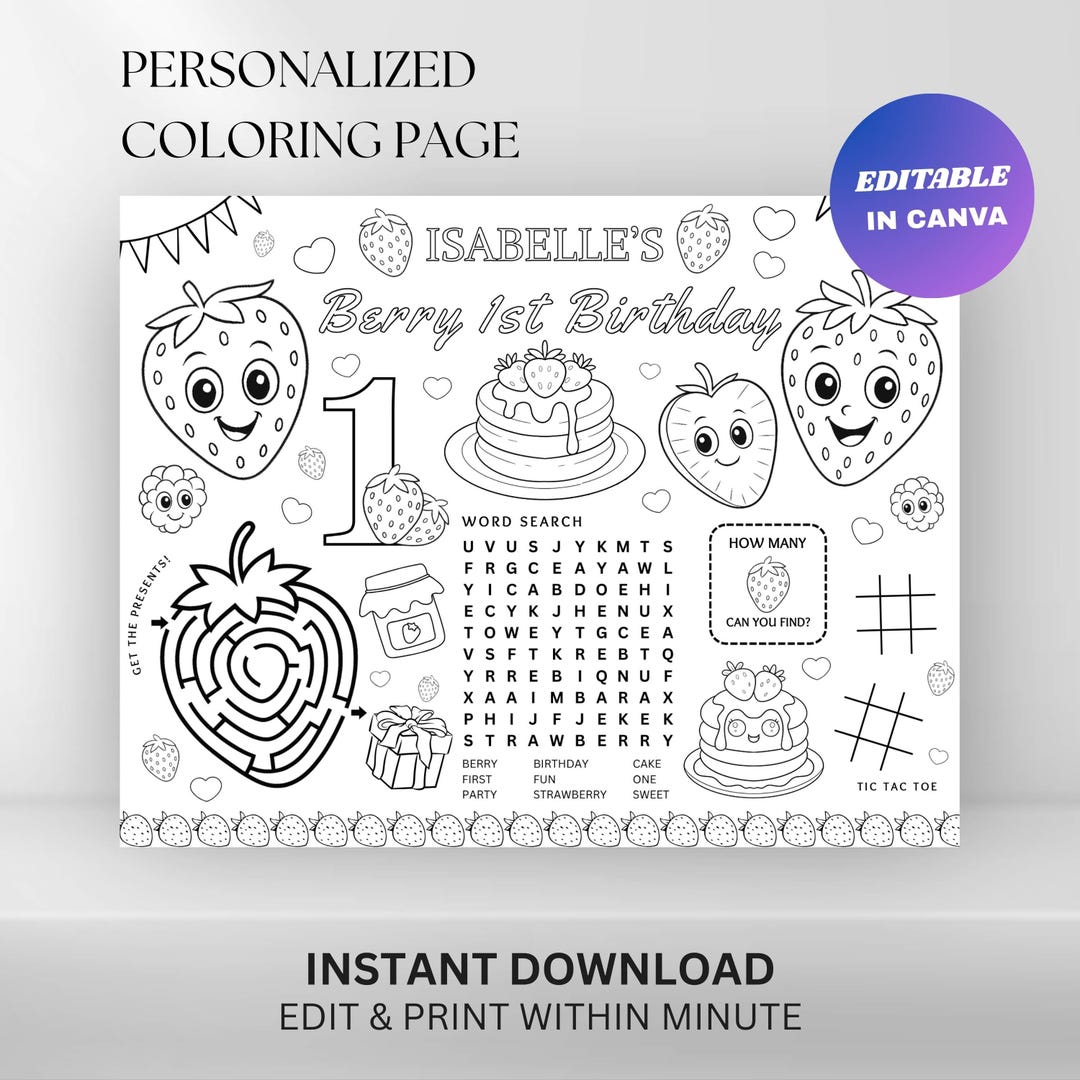 Editable Berry First Birthday Coloring Placemat : Strawberry Party ...