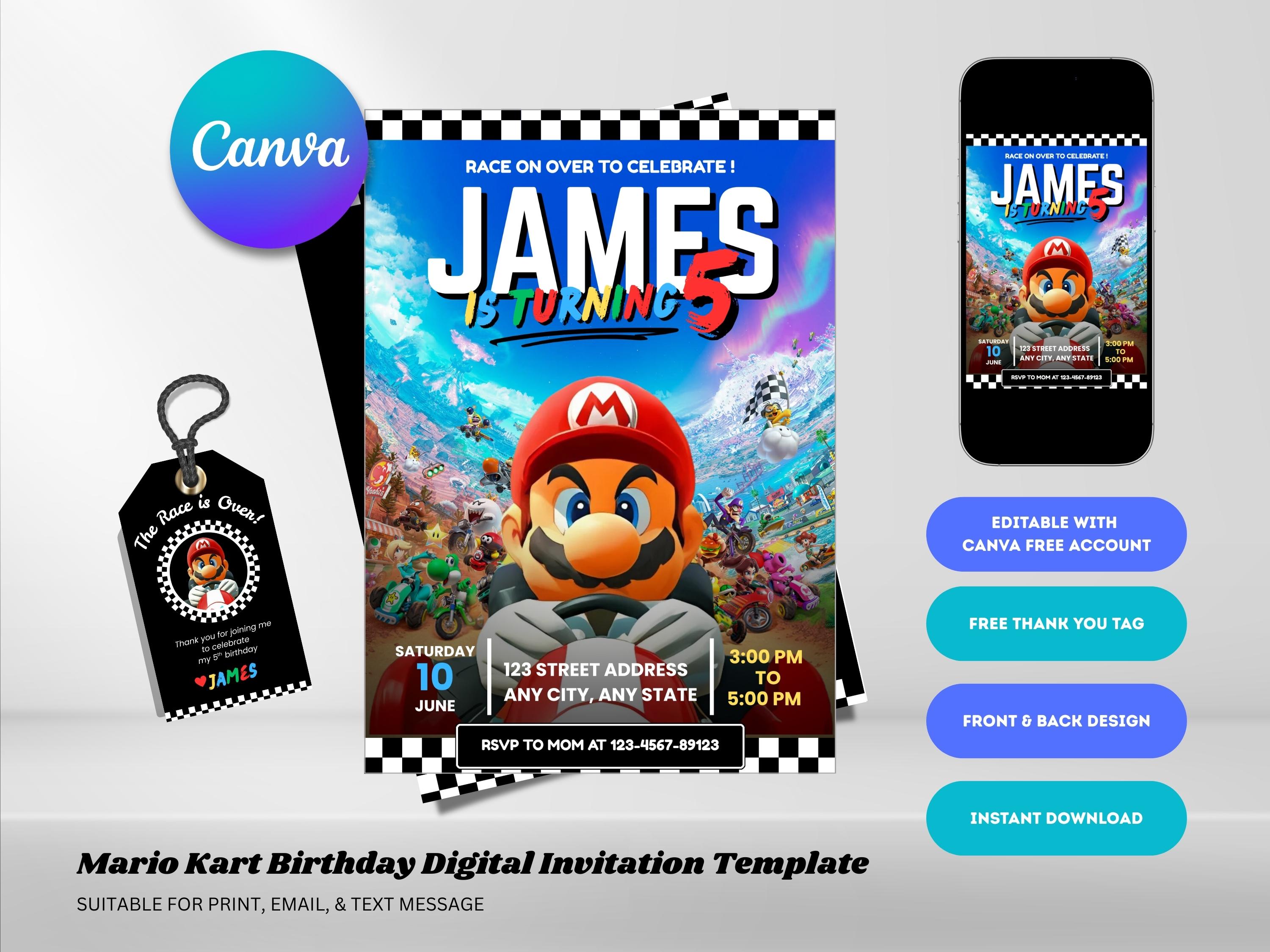 Mario Kart Invitation Canva, Mario Kart Editable Template Printable ...