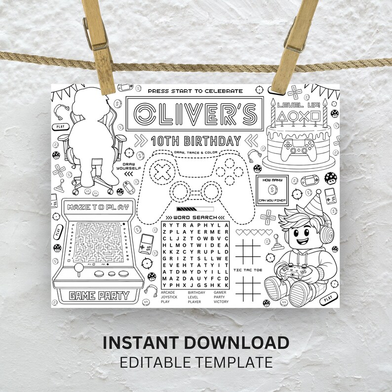 Gamer Birthday Coloring Placemat : Personalized Game Party Activity ...