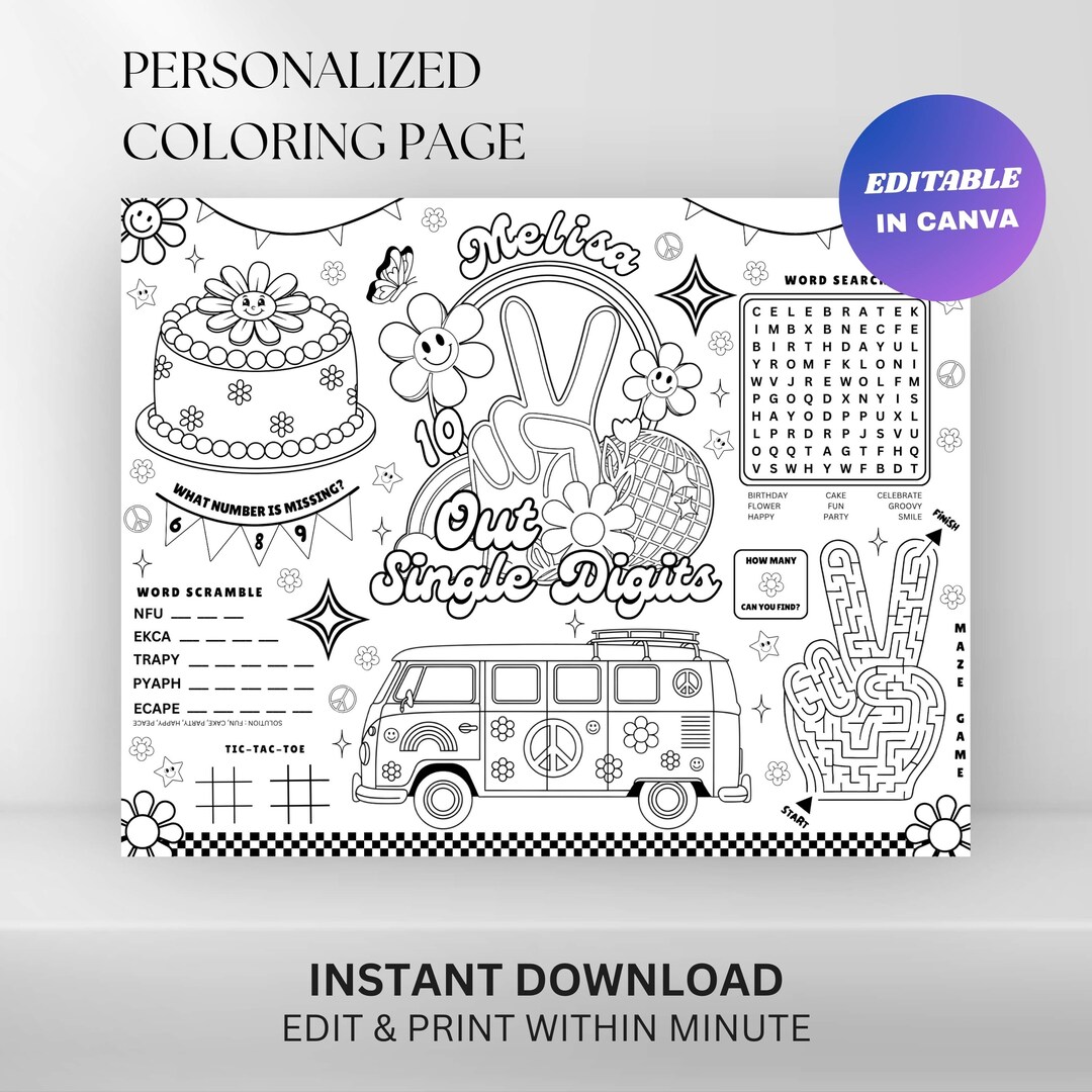 Peace Out Single Digits Birthday Coloring Placemat : Editable Retro ...